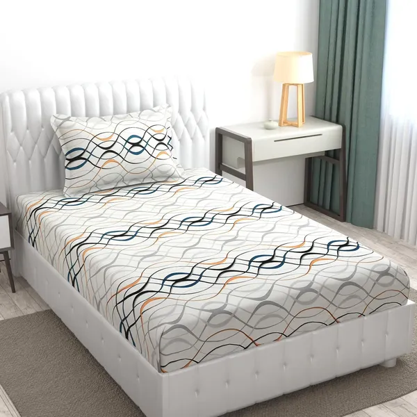 Wellnest 210TC Waves White Single Bed 100% Cotton Bedsheet with 1 ...