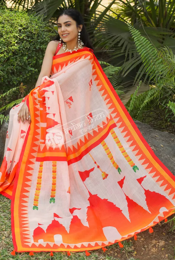 INDIAN LINEN SAREE Gratifying Multi Color Ayodhya Ram Mandir Printed ...