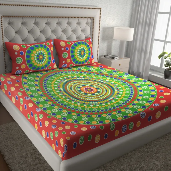 Jaipuri bedsheet Multi Color Goli Rangoli Print Double Bed Sheetwith 2 ...