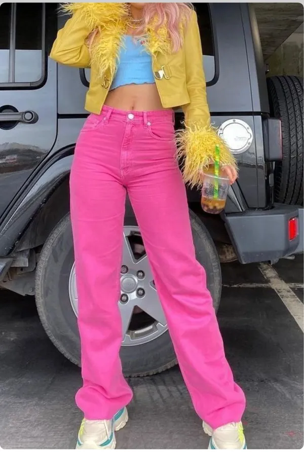 DDMCLOTHING Dixo Fixo Hot Pink High Waist Denim Wide Leg Jeans For ...