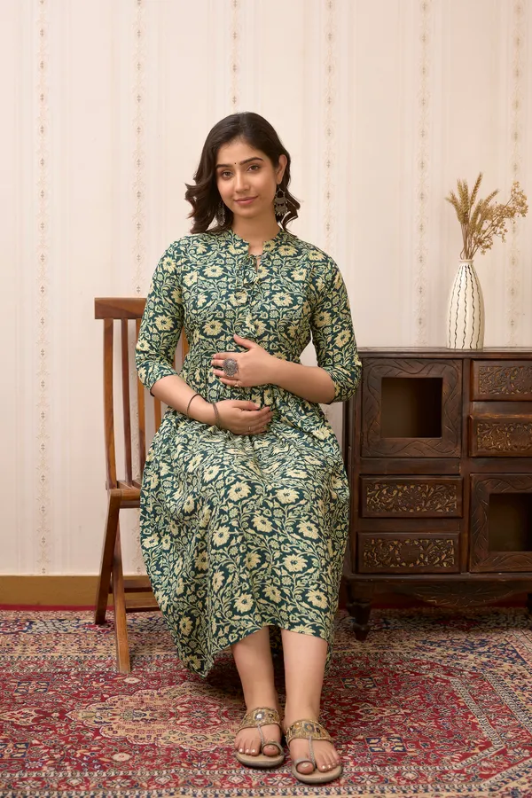 Label Kushagra Classic Rayon Printed Maternity & Nursing Green Dress ...