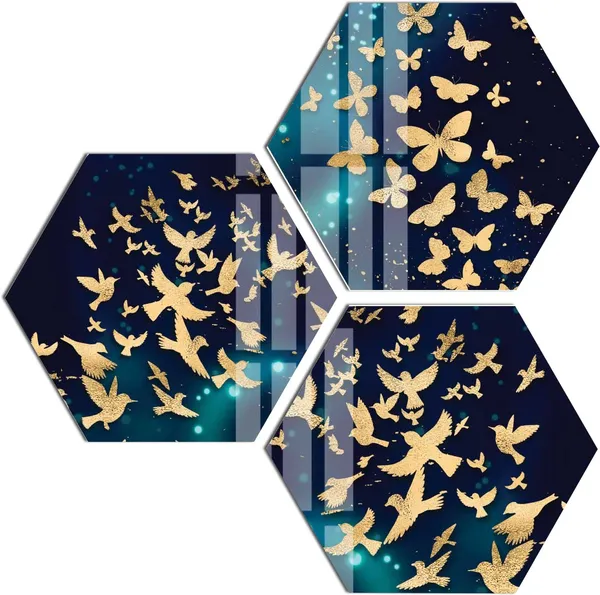 MASSTONE Butterfly and Birds Modern art 3 Piece Hexagon MDF Painting ...