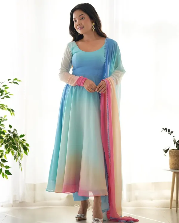 ZESTLEAF Sky Blue Multi Color Printed Georgette Designer Long Kurti ...