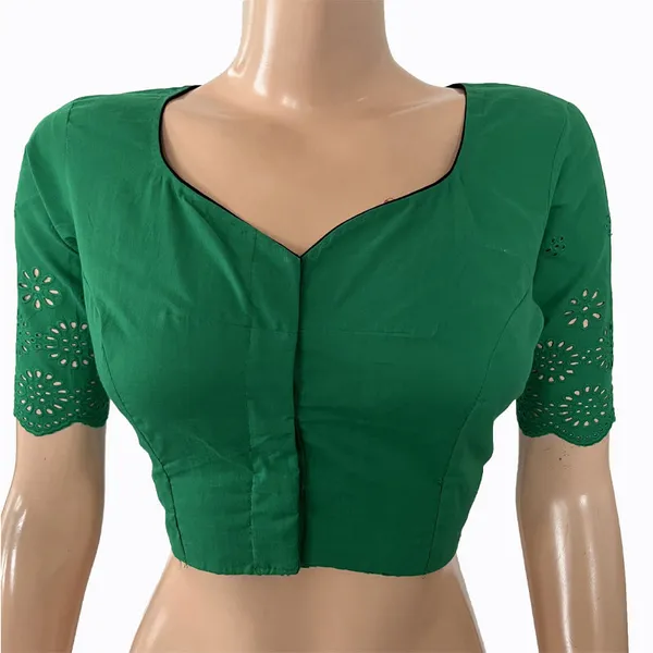 Scarlet Thread Green Hakoba Cutwork Cotton Y Neck Blouse With Lining