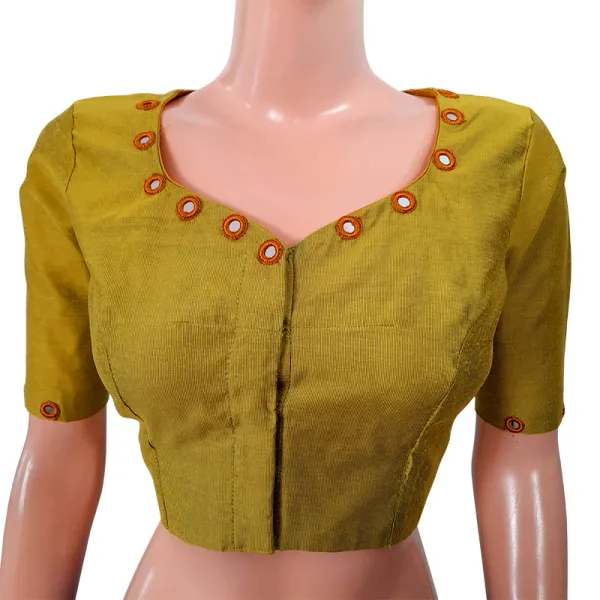 Scarlet Thread Green Textured Art Silk Y neck Blouse with Mirror Work ...