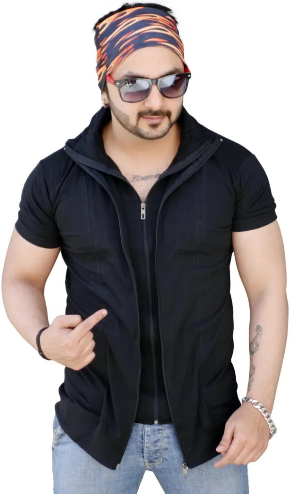 Black collection Men Solid Zip Neck Cotton Blend Black T-Shi