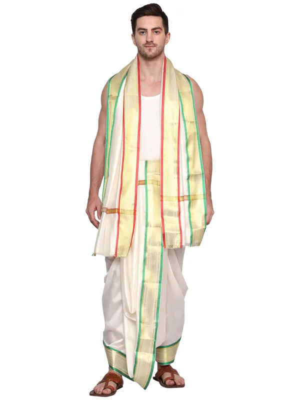RAMESHWARAM FABRICS Cream Unstitched Silk Dhoti Set | 4.2 Mtr Dhoti 2.2 ...